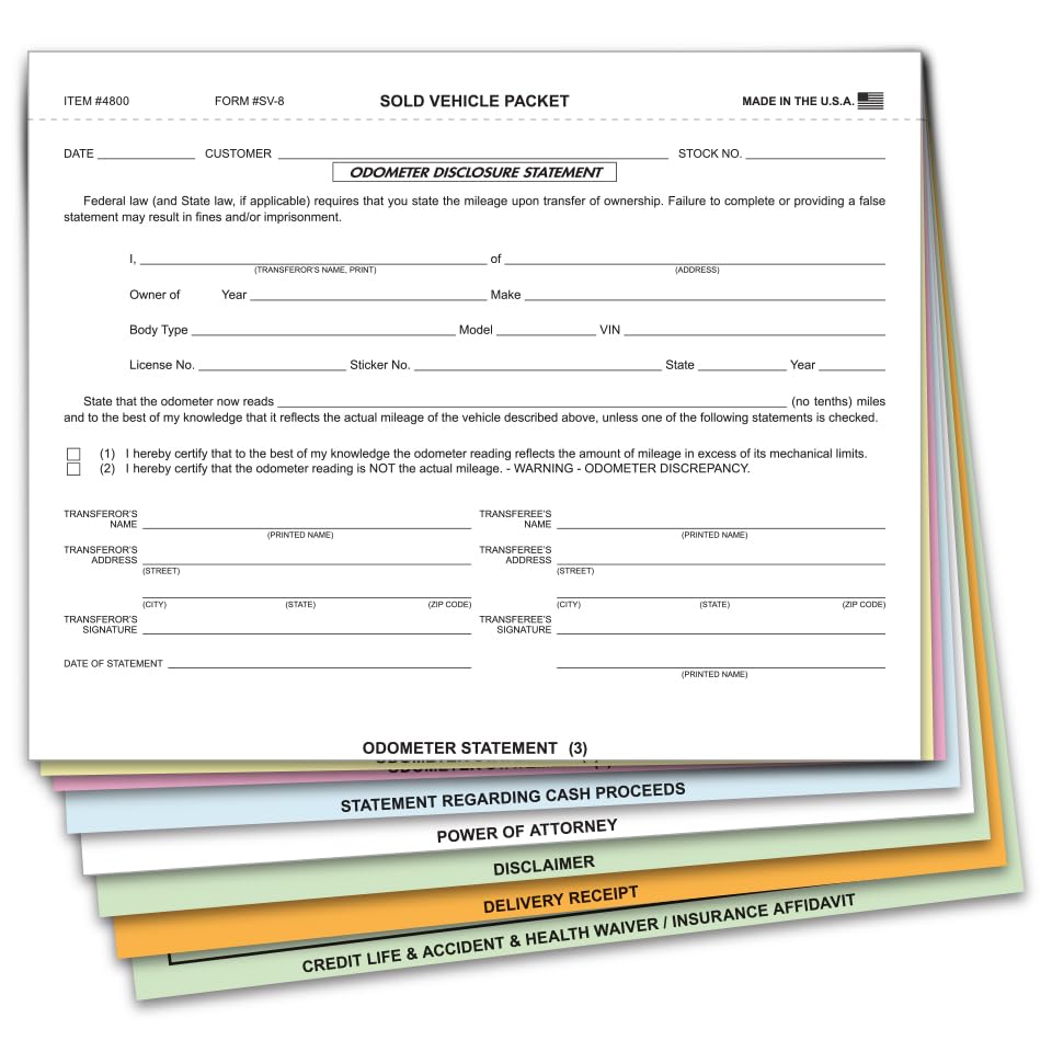 Sold Vehicle Combination Form 8-Part Carbonless Copies for Dealerships ...