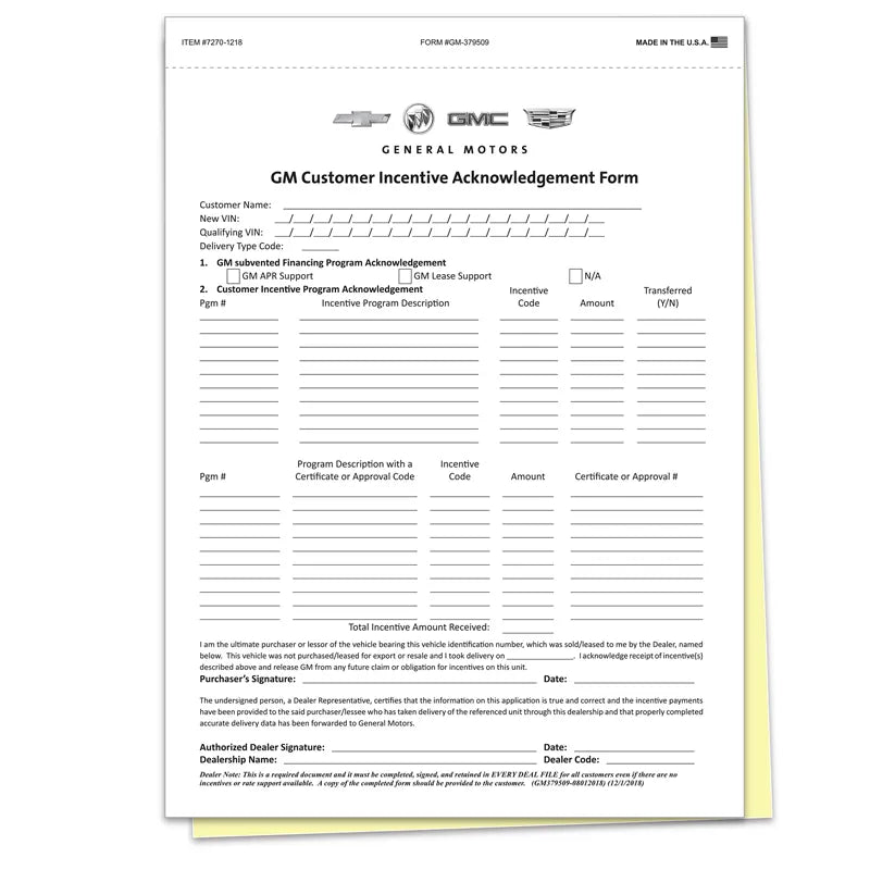 GM Customer Incentive & OnStar® Form GM-3795-OS 2-Part Carbonless USA ...