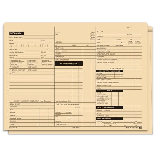 Heavy Stock Deal Jackets Form #237 | 12" x 9" Automotive File Folders ...